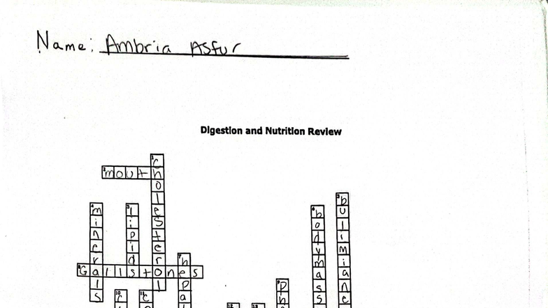 Bio 104 - Digestion and Nutrition Crossword Review - Studocu