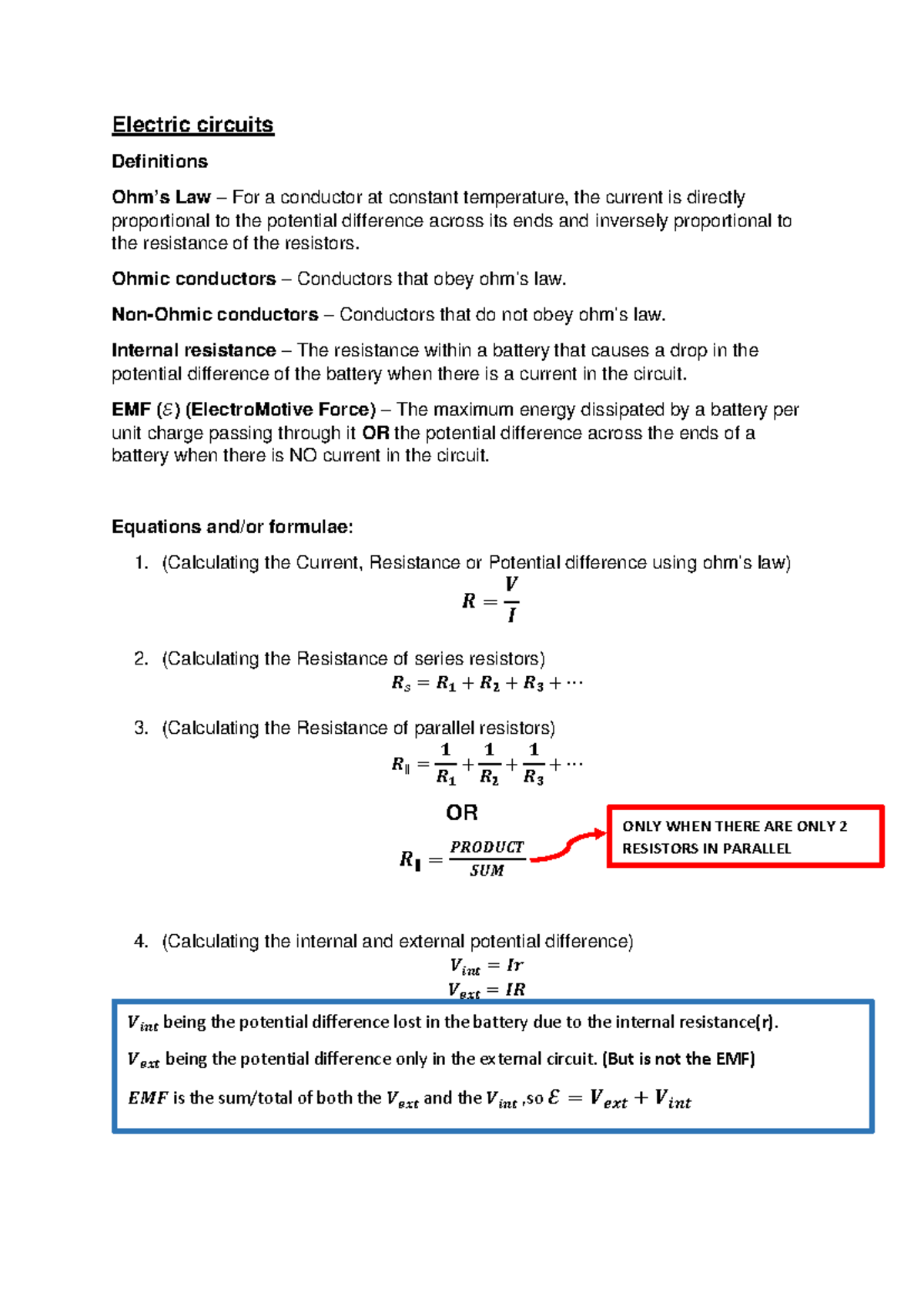 Grade 12 Electric Circuits Summary: Key Concepts and Equations - Studocu