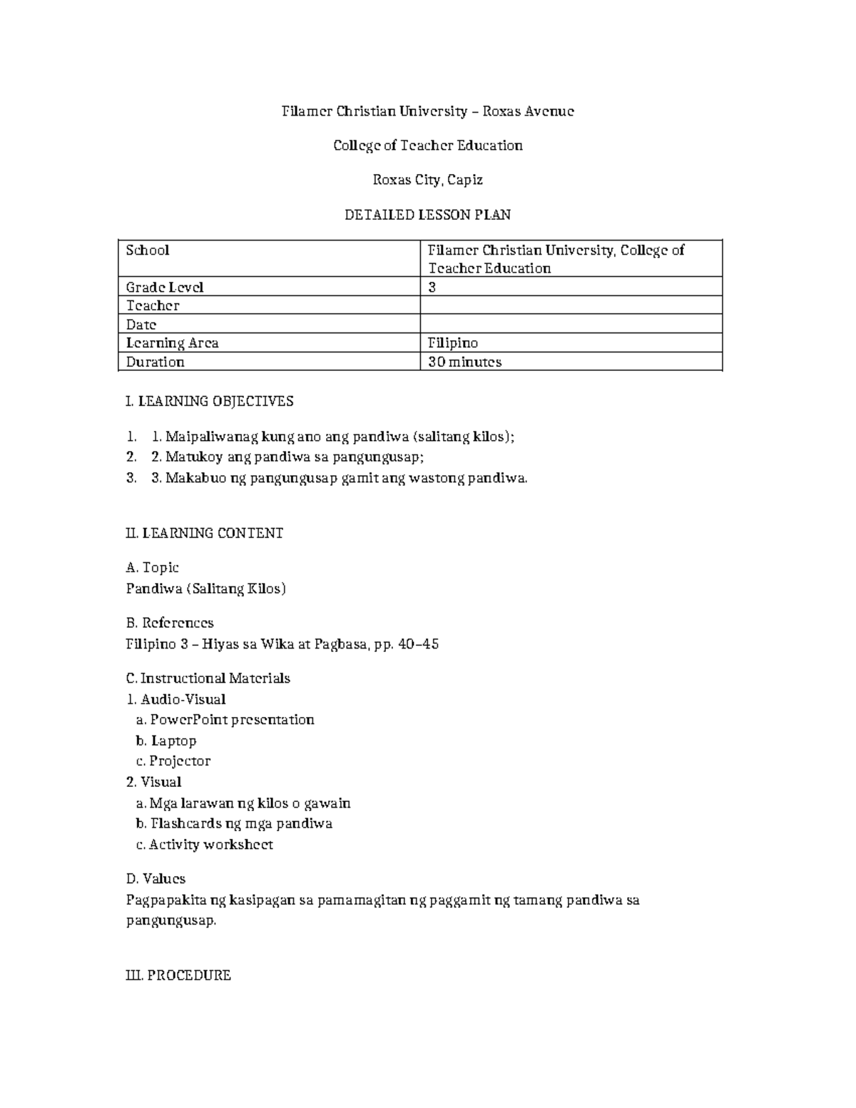 Grade 3 Filipino Lesson Plan on Pandiwa (Salitang Kilos) - Studocu