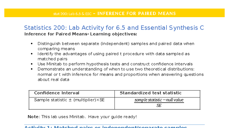 Stat 200: Lab 6.5 - Inference for Paired Means and Analysis - Studocu