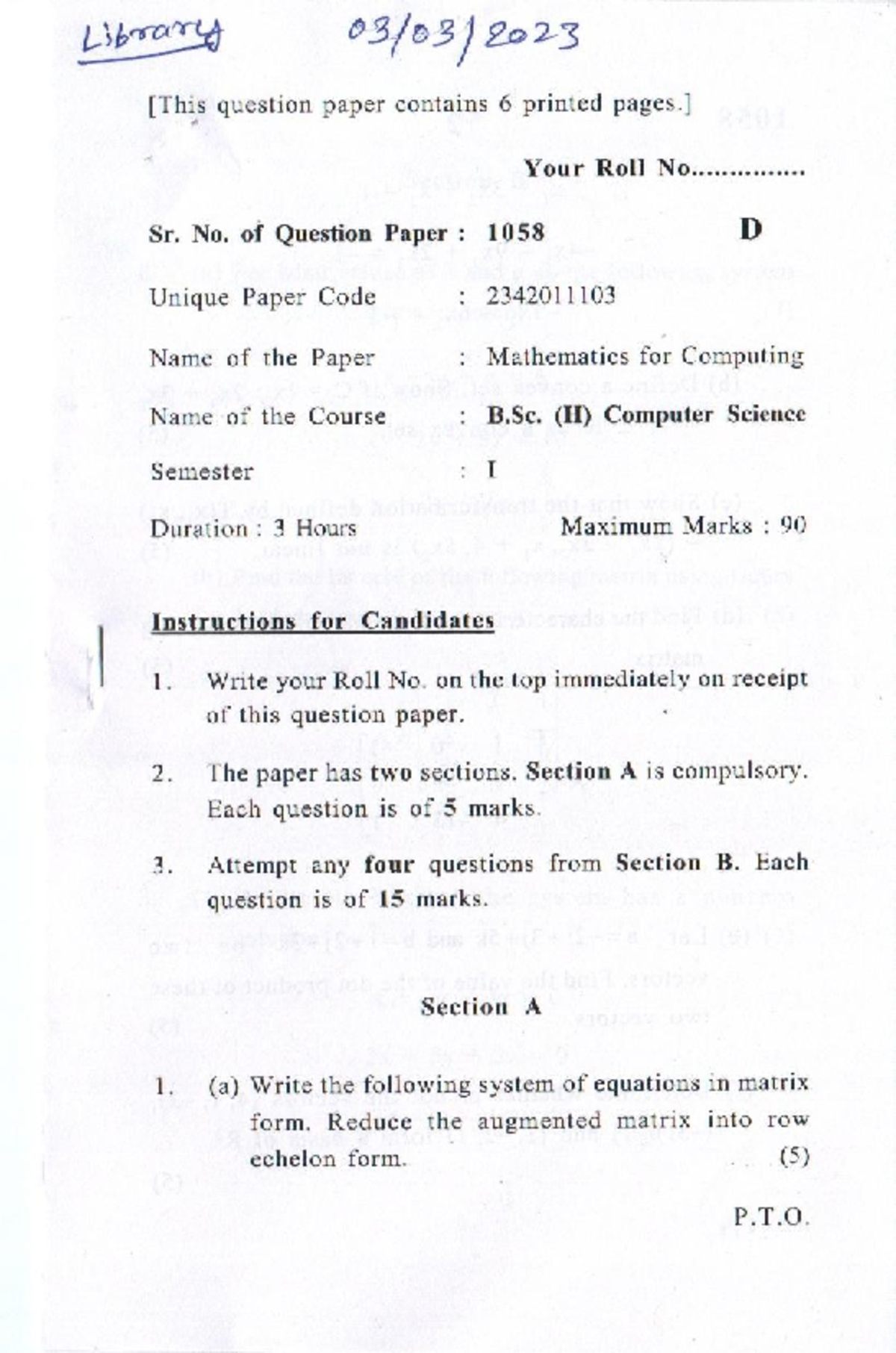 B.Sc. (H) Computer Science I Sem Final Exam QP - Math for Computing ...