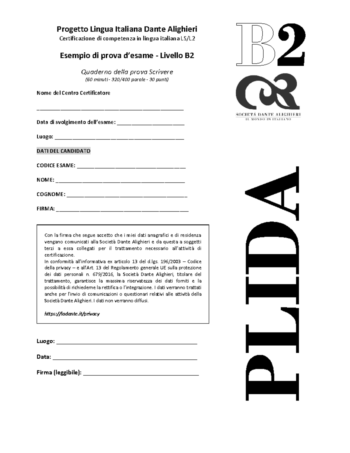 Plida B2 - prova esempio - scrivere - Progetto Lingua Italiana Dante ...