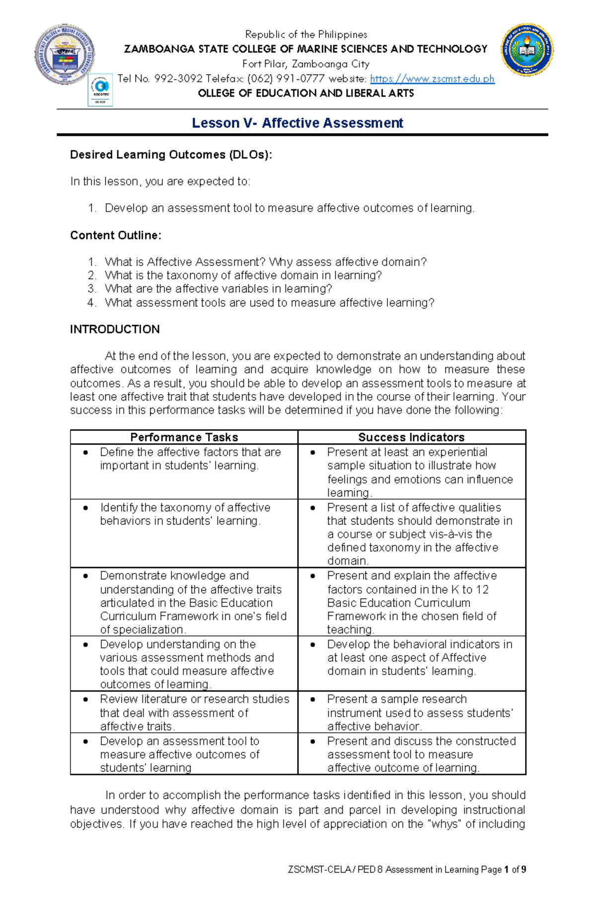 Lesson V: Exploring Affective Assessment in Learning Outcomes - Studocu
