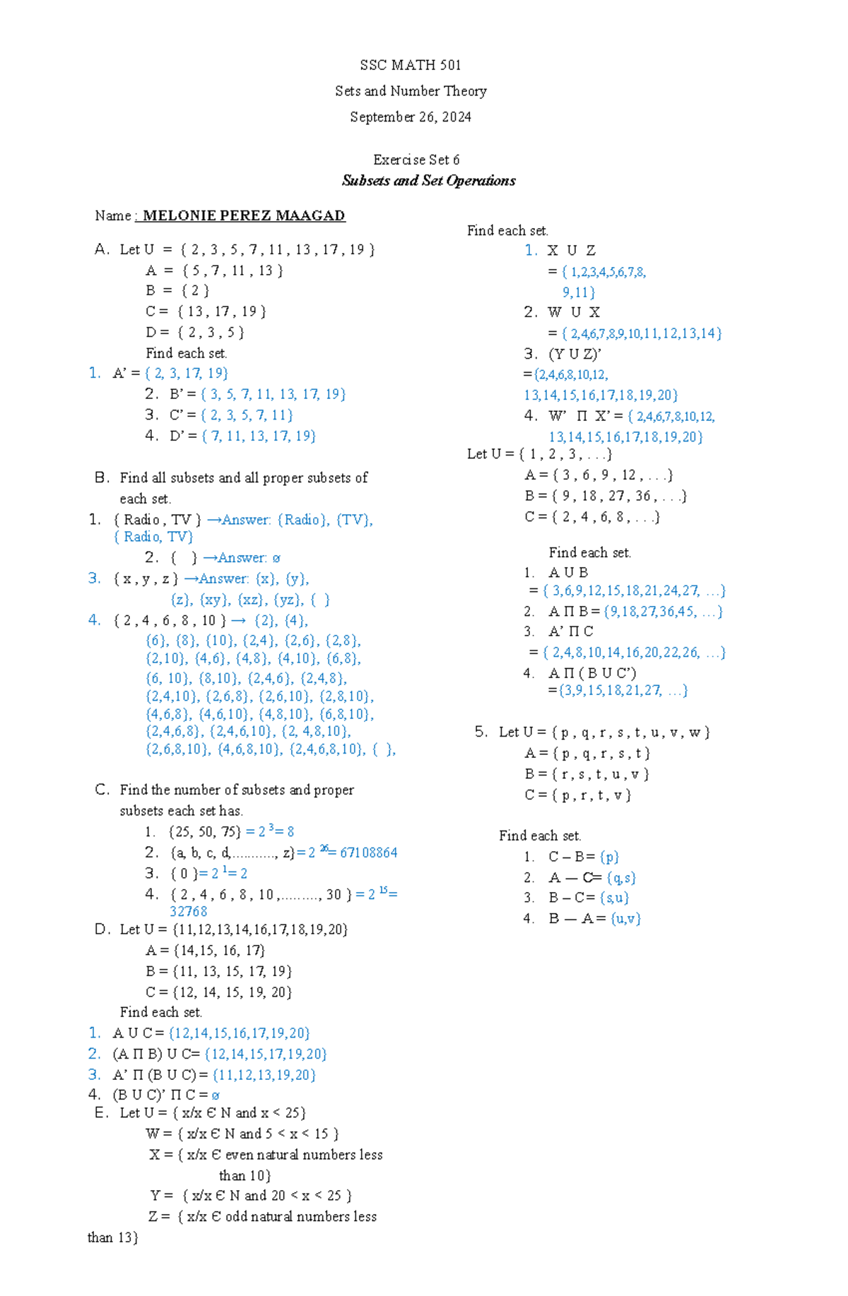 Math 501 Exercise Set 6 - SSC MATH 501 Sets and Number Theory September ...