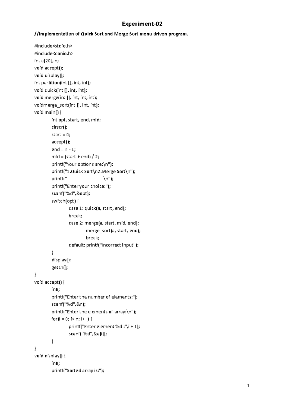C Code Implementation of Quick Sort and Merge Sort (Experiment-02) - Studocu