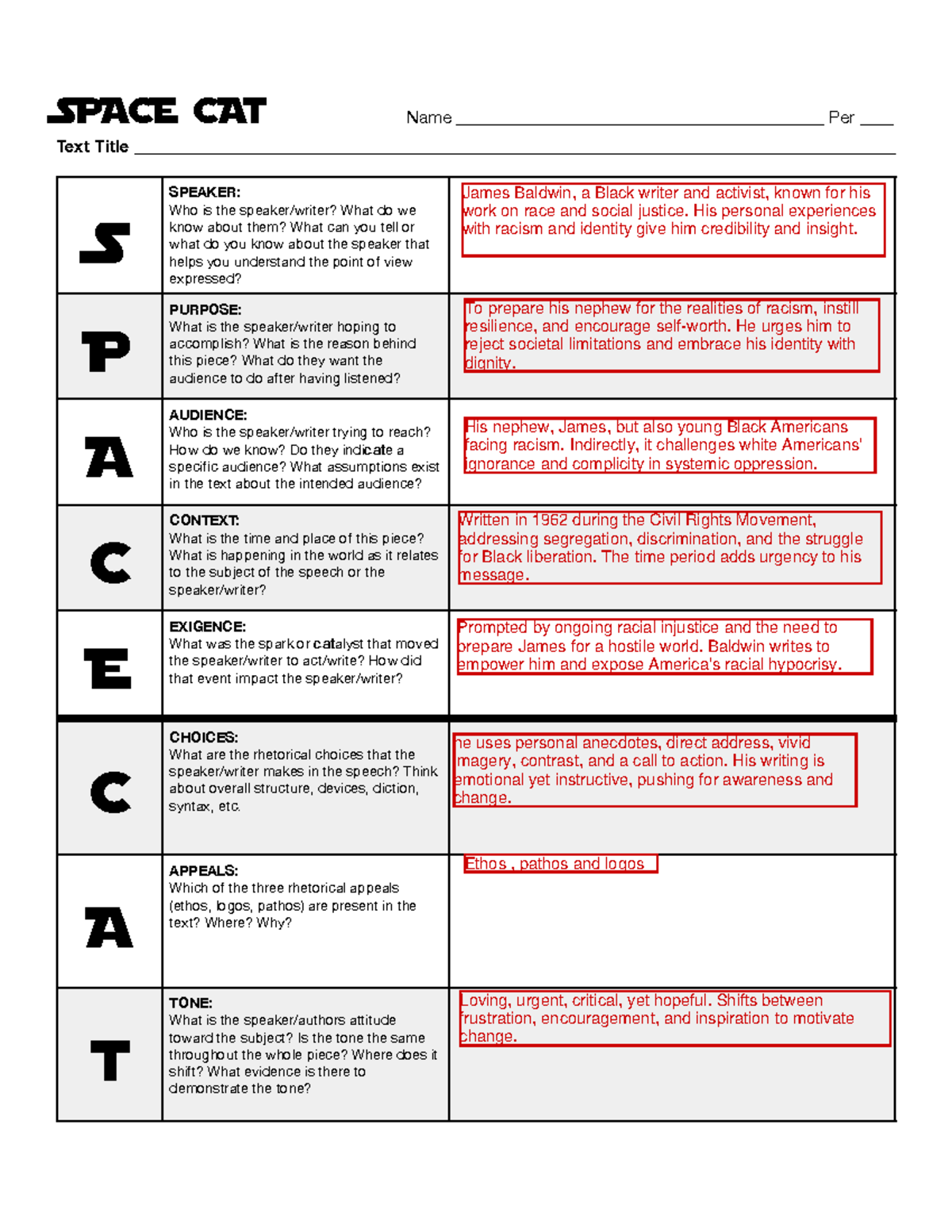 SPACE CAT Worksheet Guide for Rhetorical Analysis - Studocu