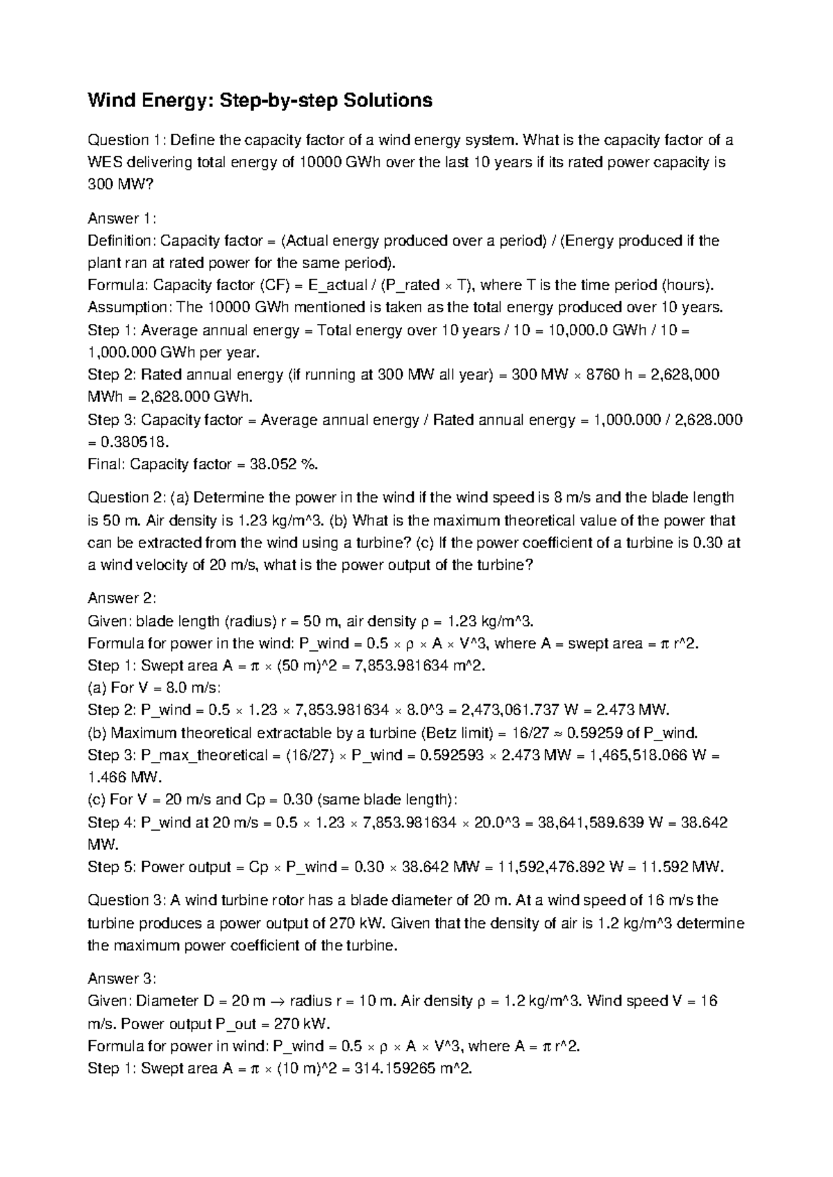 Wind Energy Solutions: Capacity Factor & Power Calculations - Studocu