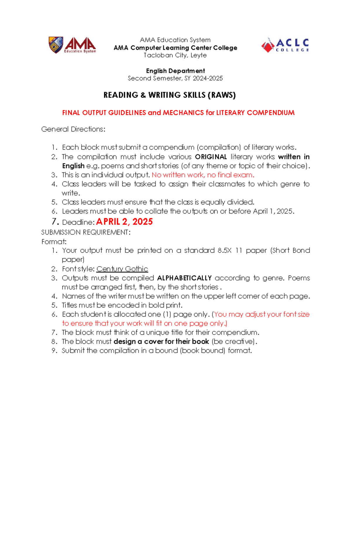 RAWS Final Output Guidelines 2 - AMA Education System AMA Computer ...