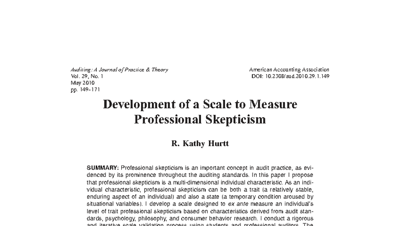 Development of a Professional Skepticism Scale in Auditing (ACCT 2010 ...