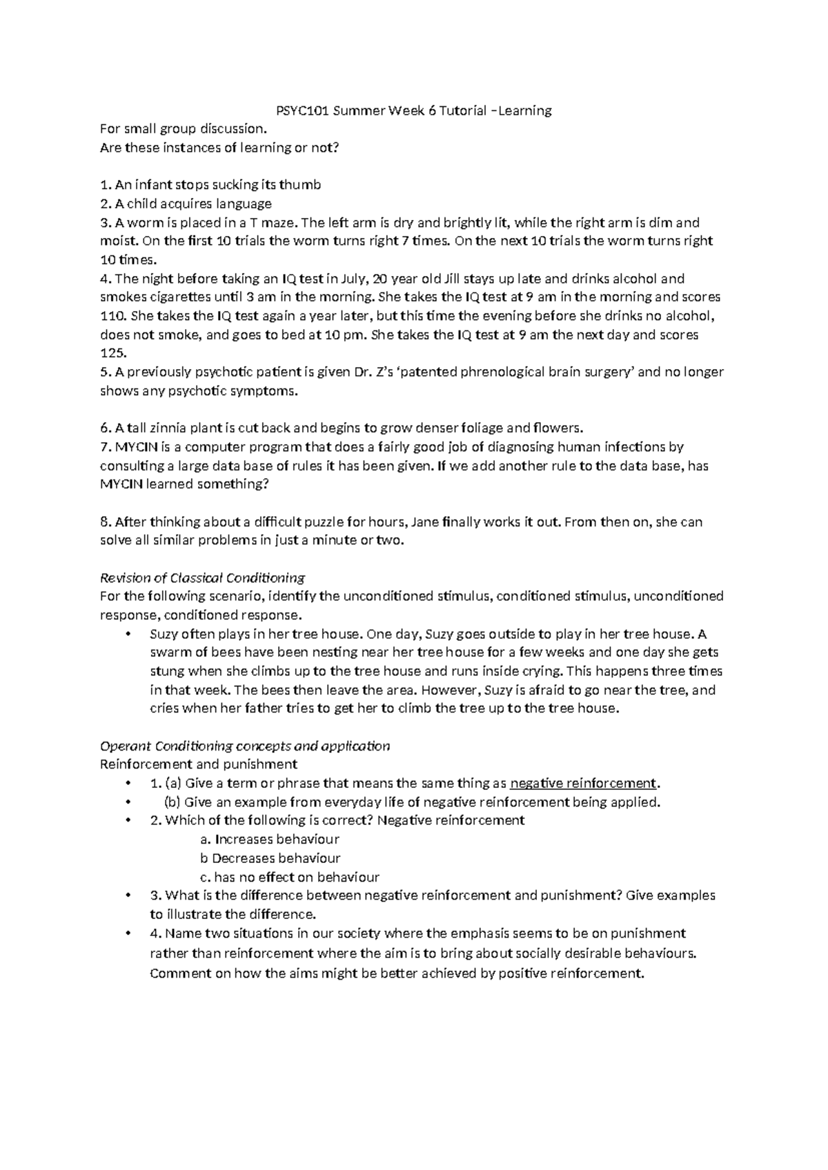 PSYC101 W6 Tutorial Exercises on Learning and Conditioning - Studocu