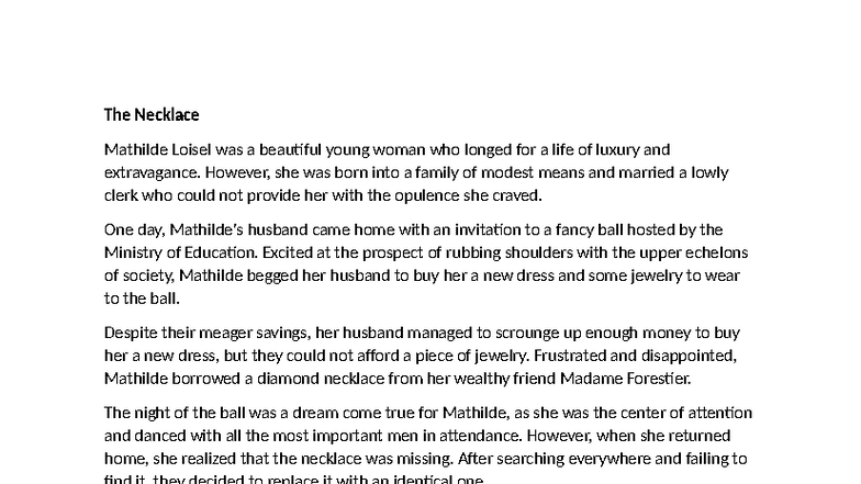 Analysis of "The Necklace" - Short Story Insights - Studocu