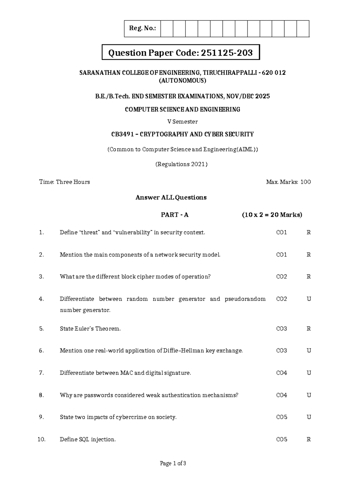 CB3491 End Semester Exam QP: Cryptography & Cyber Security - Studocu