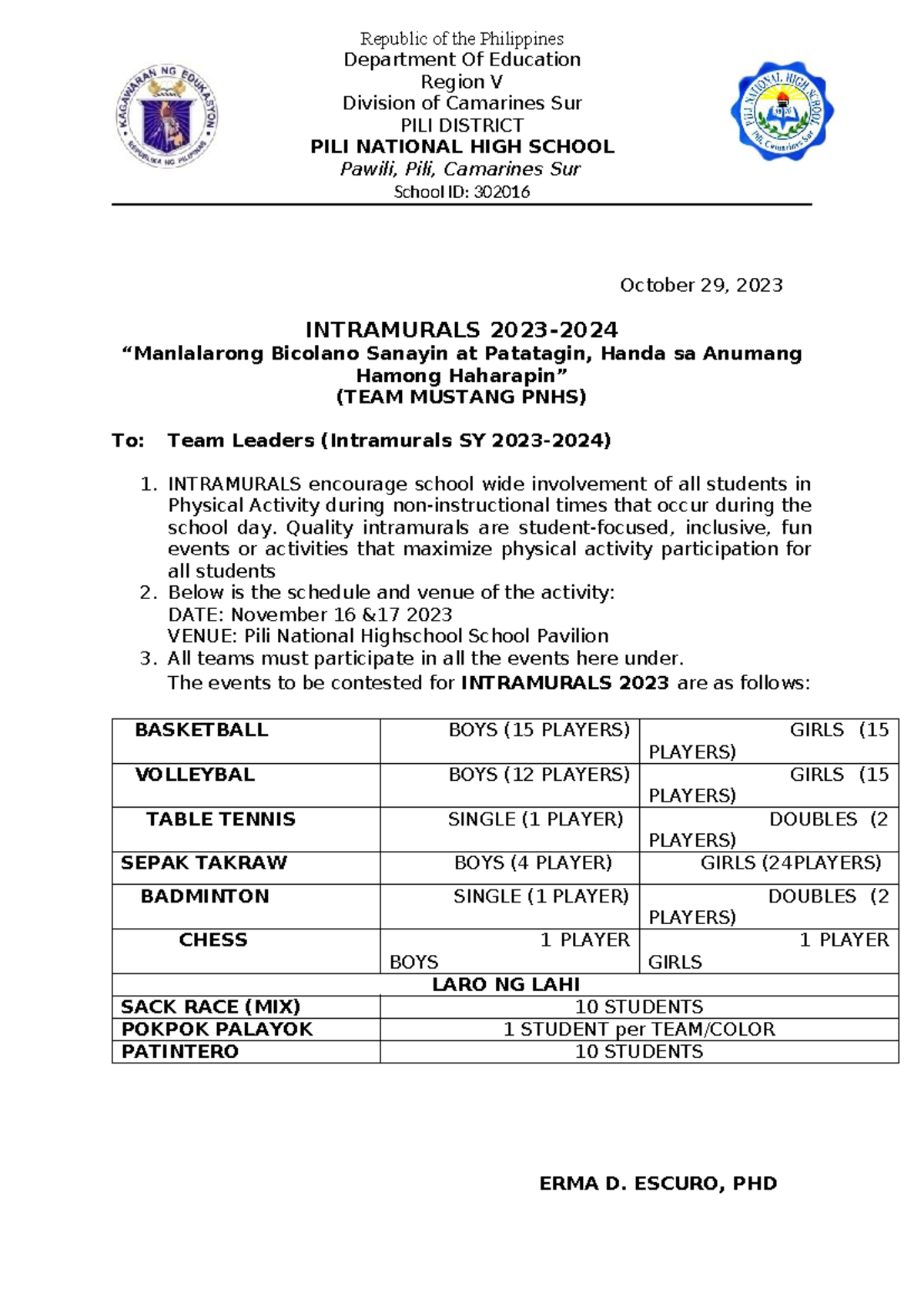 Intramurals 2023: Overall Guidelines for PilI NH Students - Studocu
