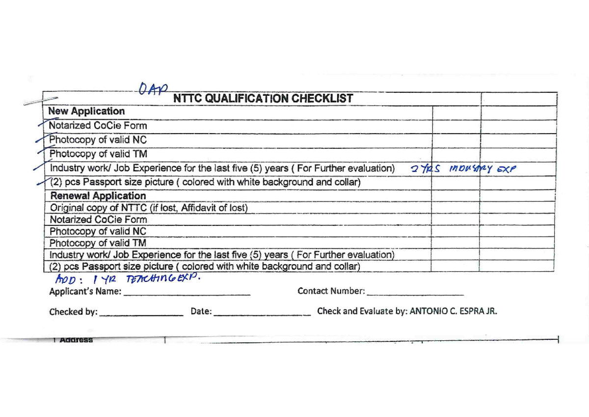 OAP NTTC Qualification Checklist - Application Form A Submission - Studocu