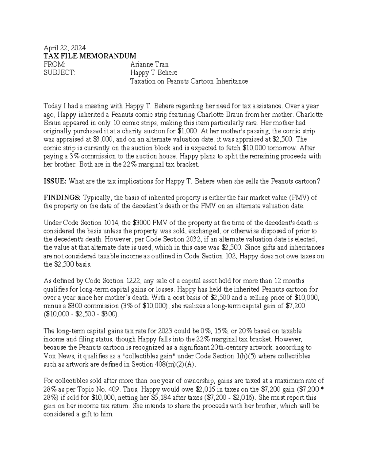 ACCT 308 Tax Implications of Inheriting Peanuts Cartoon: Memo Analysis ...