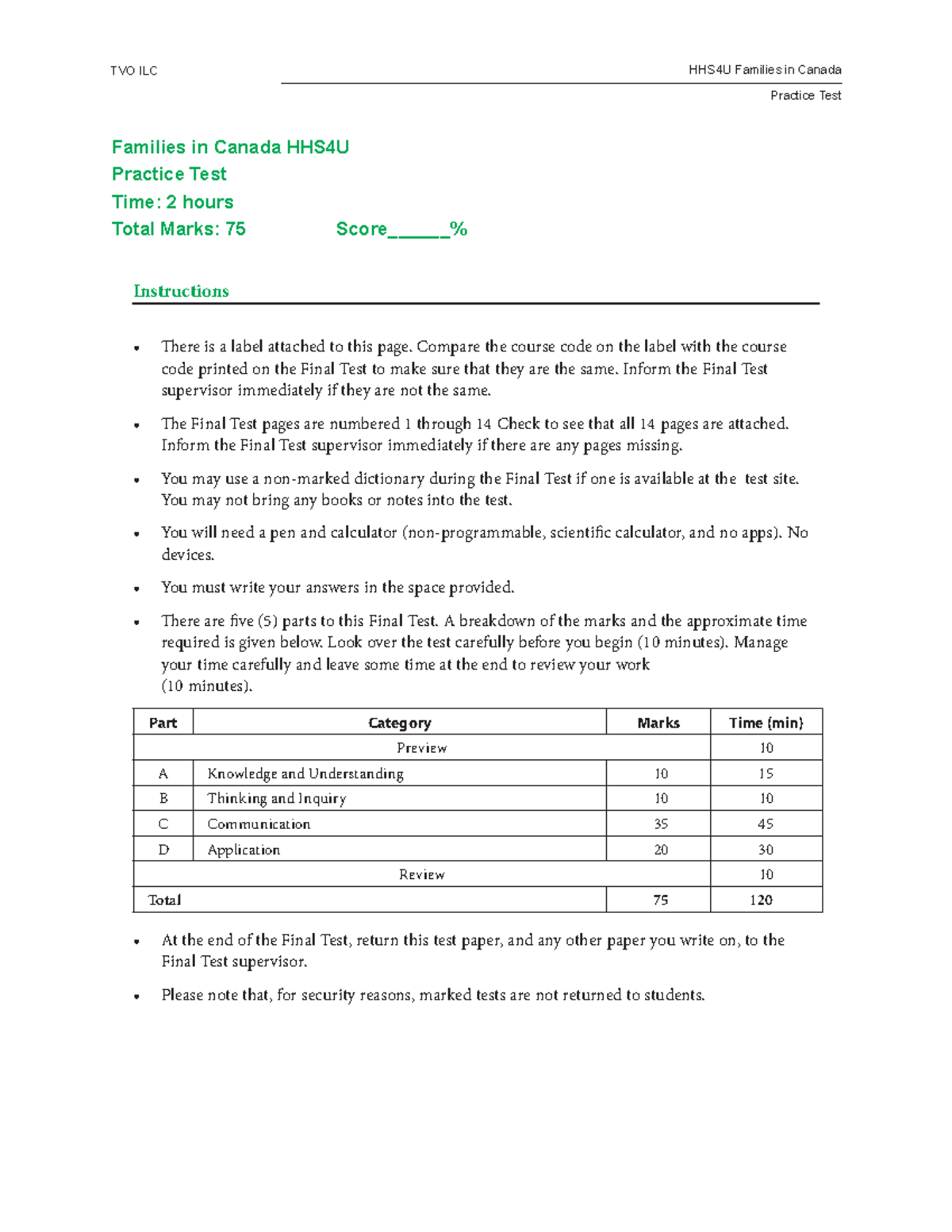 HHS4U Families in Canada Practice Test Guide - Studocu