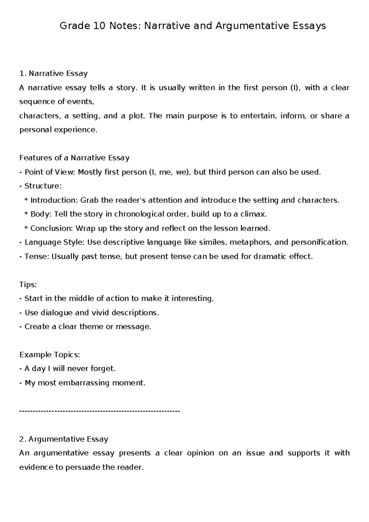 Grade 10 Notes: Narrative & Argumentative Essays Overview - Studocu