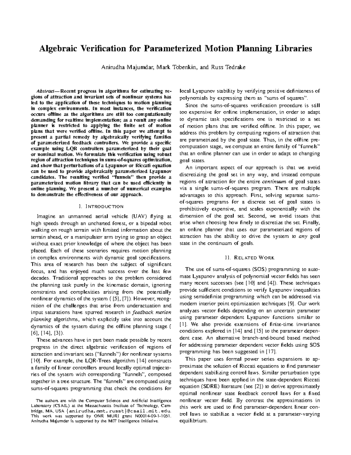 Parameterized Motion Planning via Algebraic Verification Techniques ...