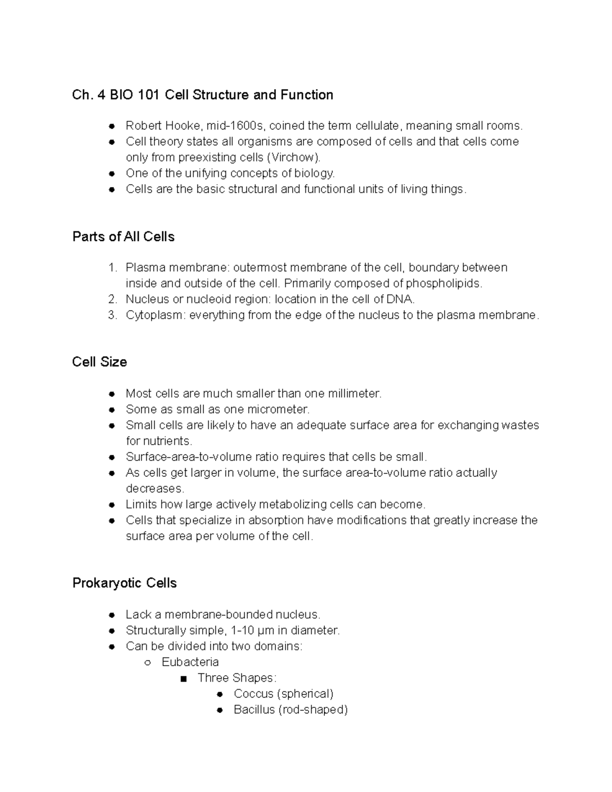 Ch. 4 BIO 101: Cell Structure and Function Overview - Ch. 4 BIO 101 Cell Structure and Function ...