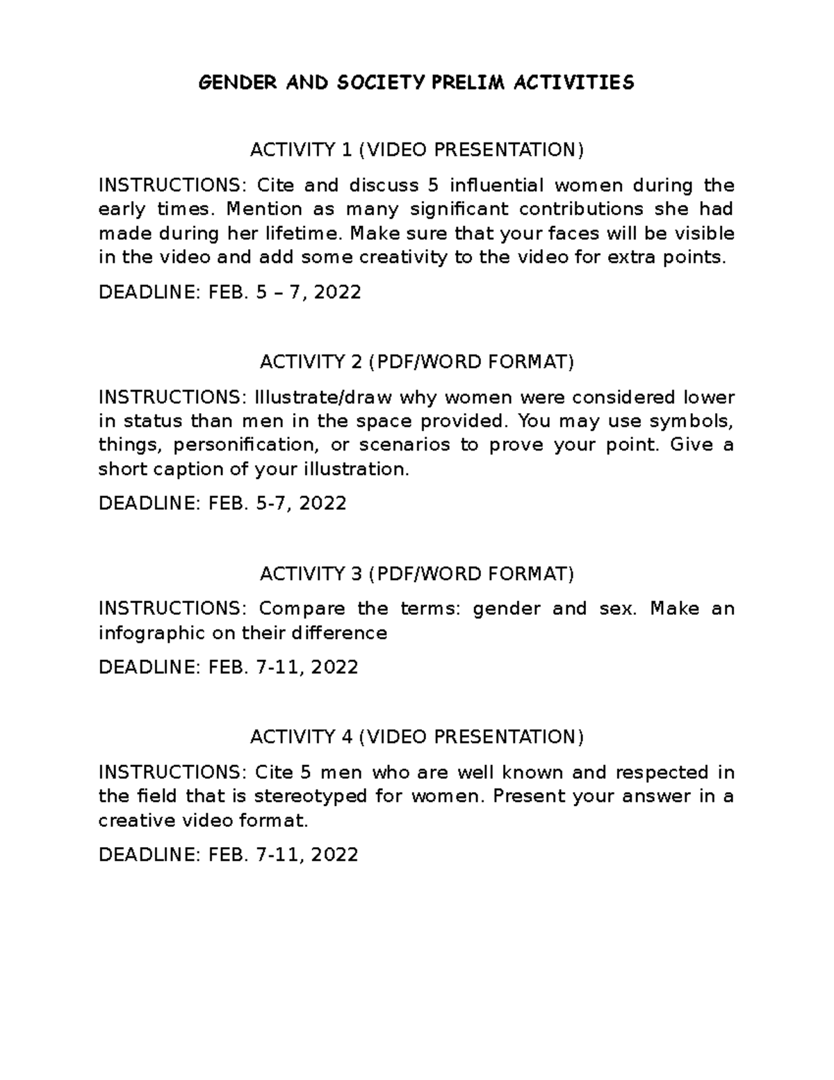 Gender AND Society Prelim Activities - GENDER AND SOCIETY PRELIM ...