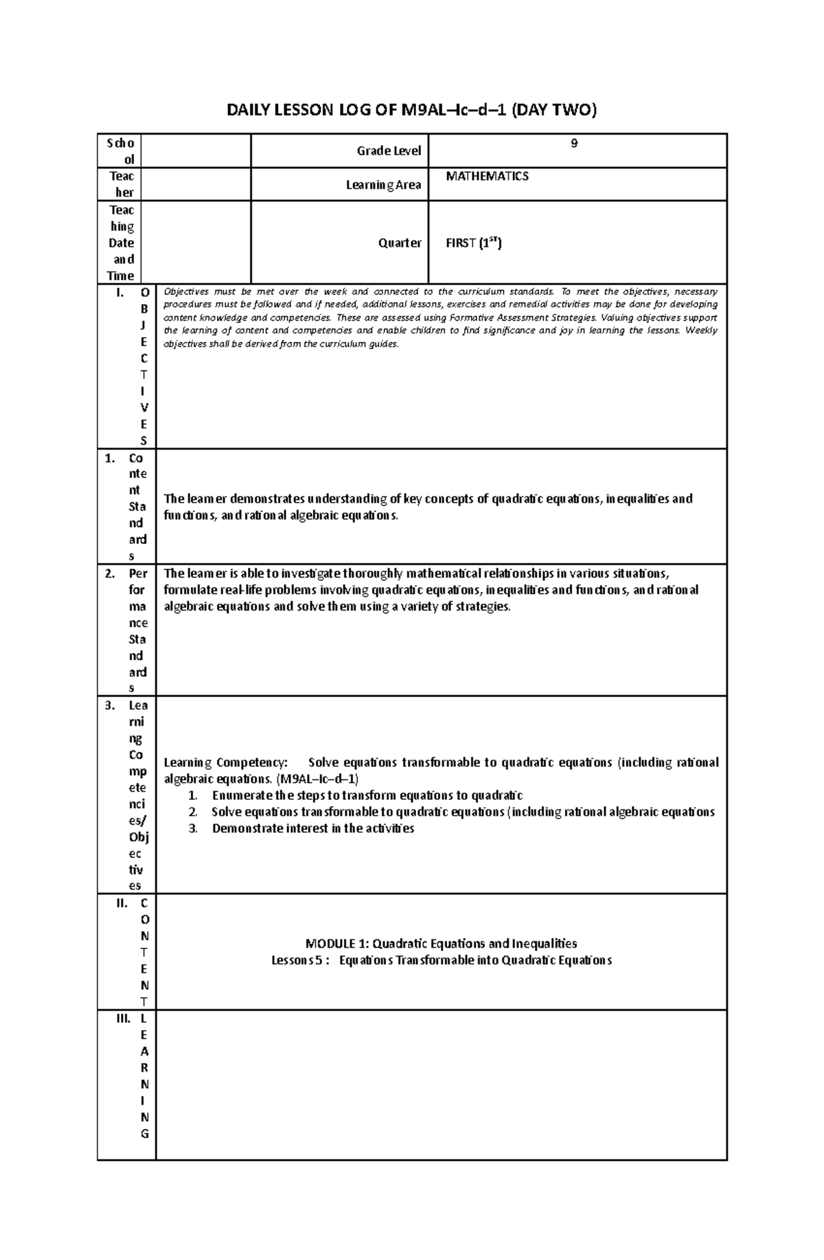 I-Day 10 g9 - Lesson Plan - DAILY LESSON LOG OF M9AL–Ic–d–1 (DAY TWO ...