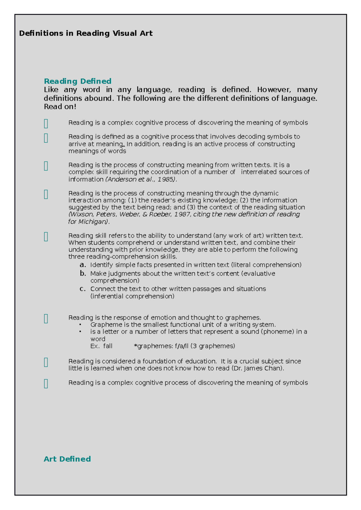 Definitions of Reading Visual Arts - Reading Defined Like any word in ...
