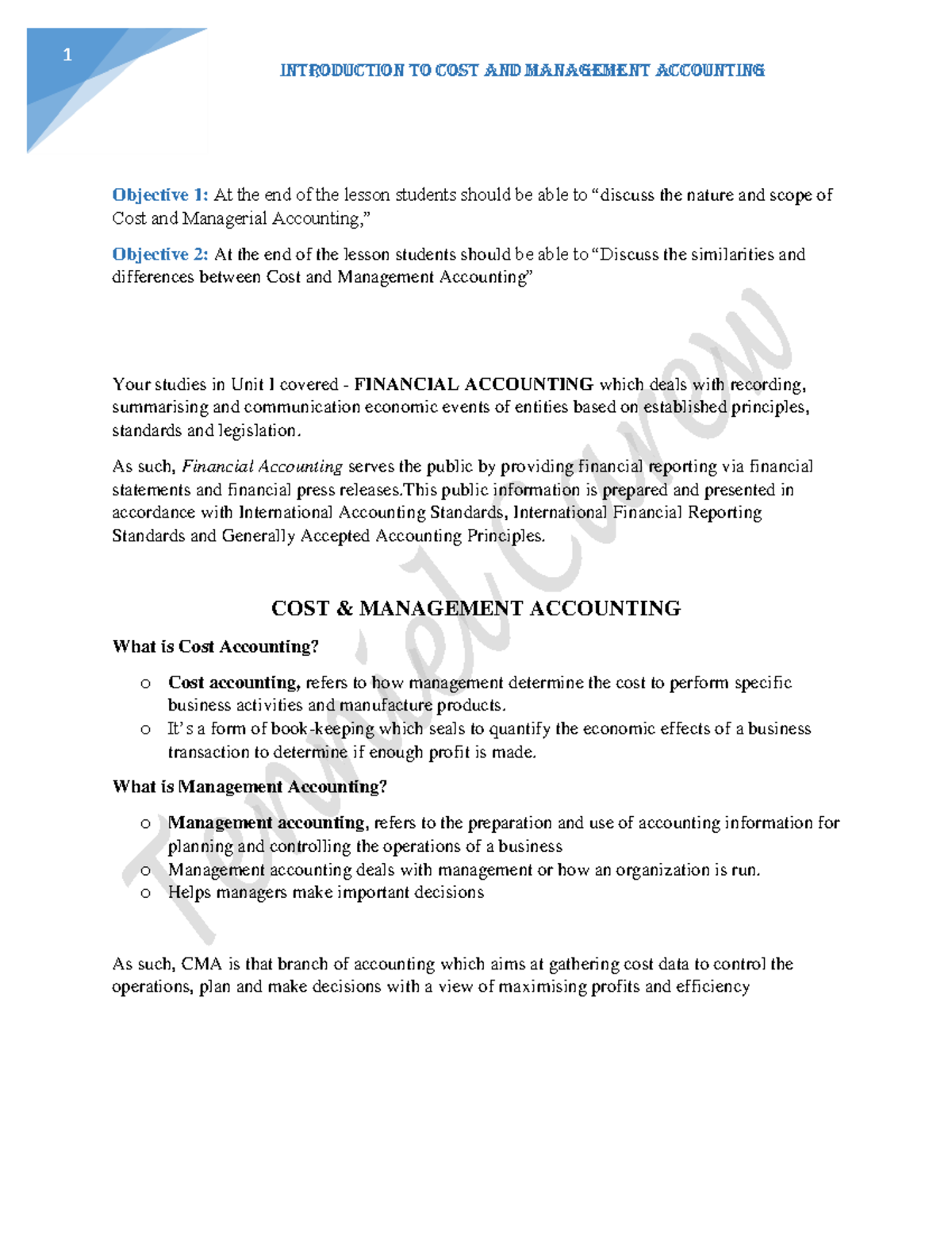 Lesson 1-Introduction to Cost and Management Accounting - Introduction ...
