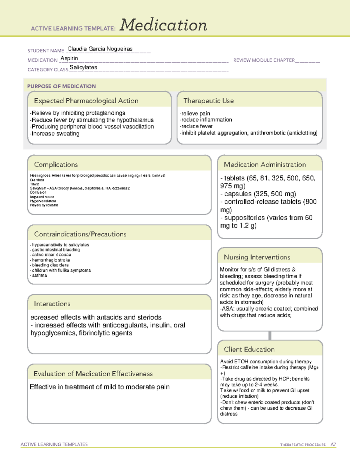 Salicylates (Aspirin) - Medication Template for Pain & Inflammation ...