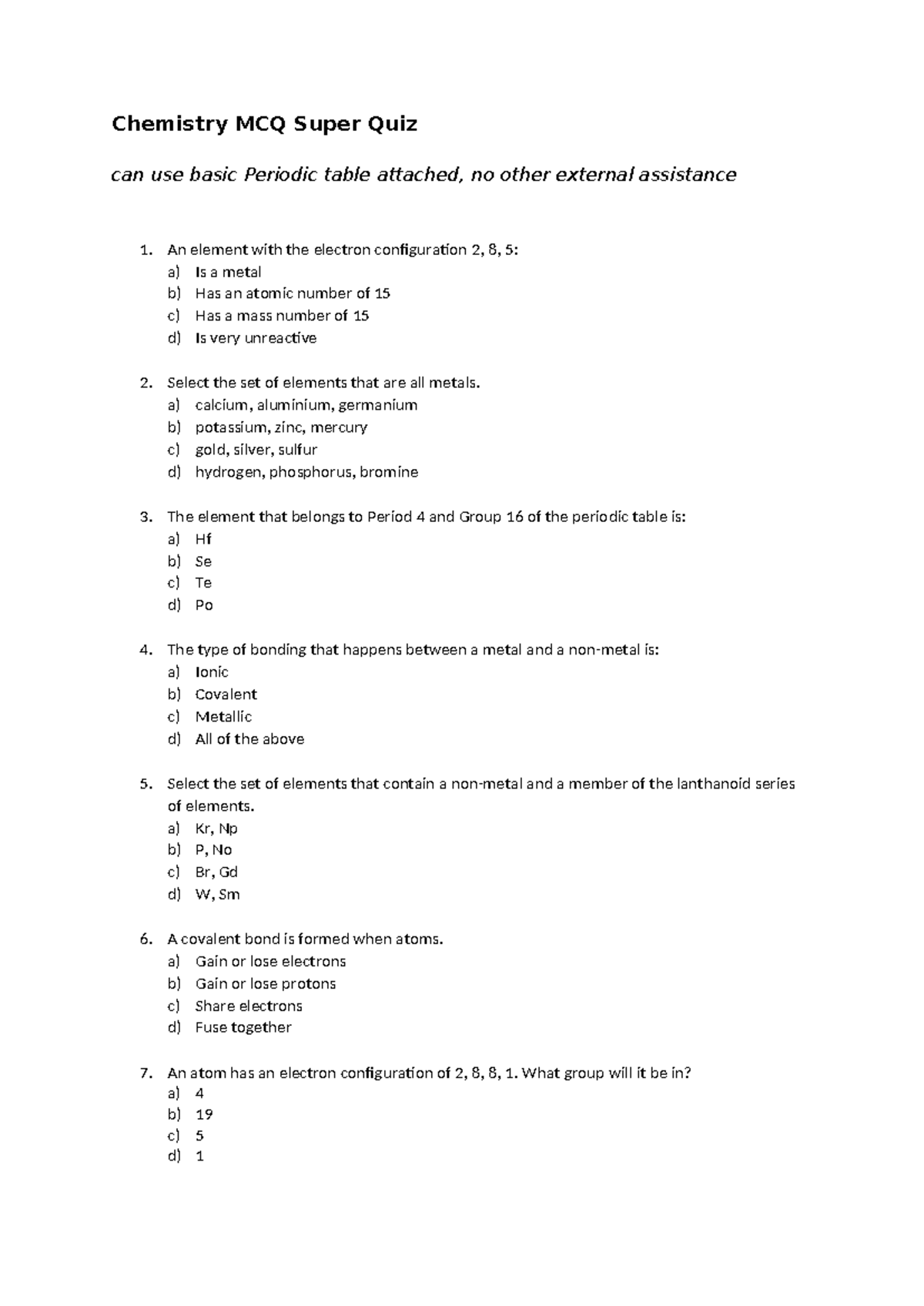 Chemistry 101: MCQ Super Quiz on Periodic Table Concepts - Studocu