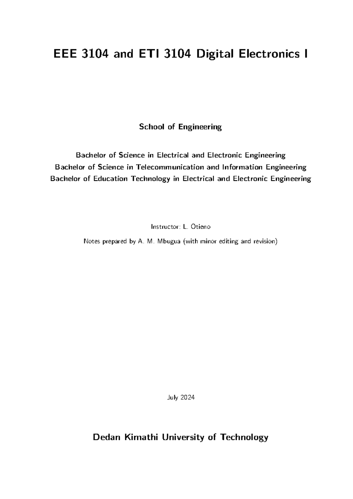 ETI 3104 Digital Electronics I Lecture Notes and Course Overview - Studocu
