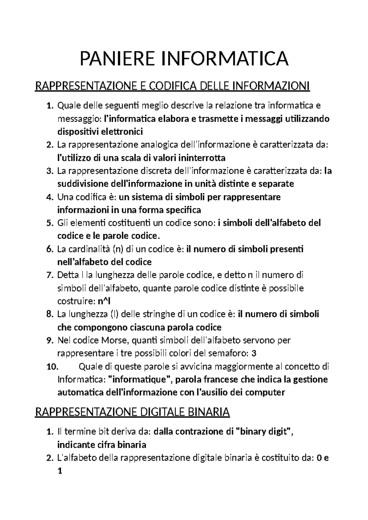 PANIERE INFORMATICA: RAPPRESENTAZIONE E CODIFICA DELLE INFORMAZIONI ...