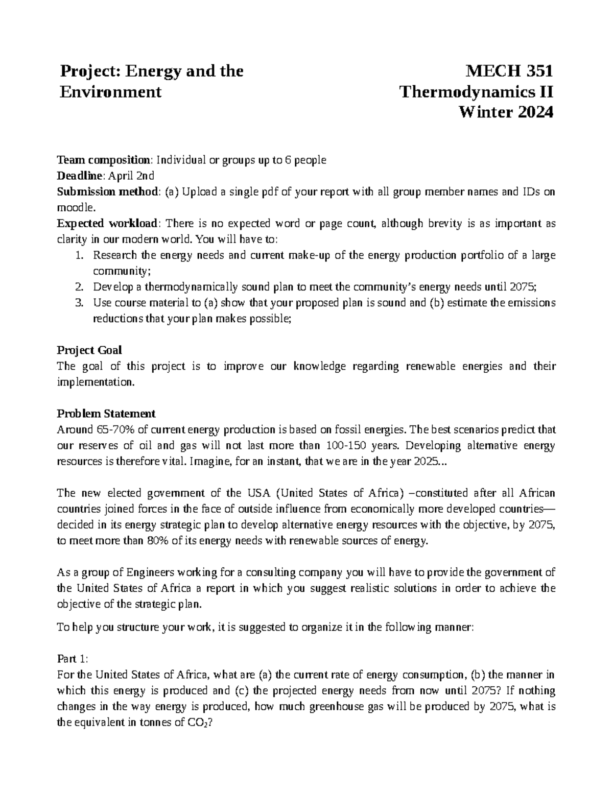 Project: Energy and the Environment MECH 351 Thermodynamics II - 2024 ...