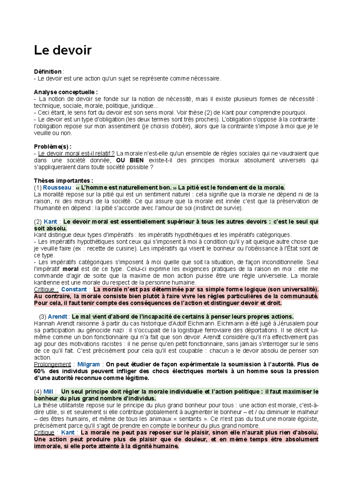 Analyse conceptuelle du devoir moral : Kant, Rousseau et critiques ...