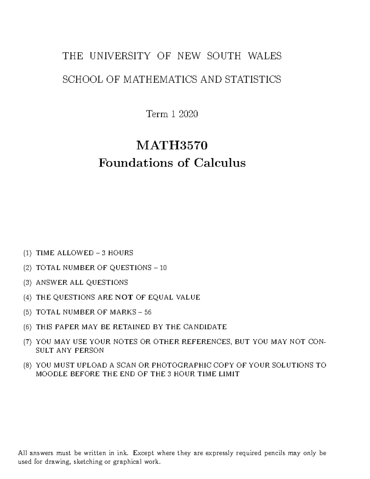 MATH3570 Term 1 2020 Foundations of Calculus Final Exam Solutions - Studocu