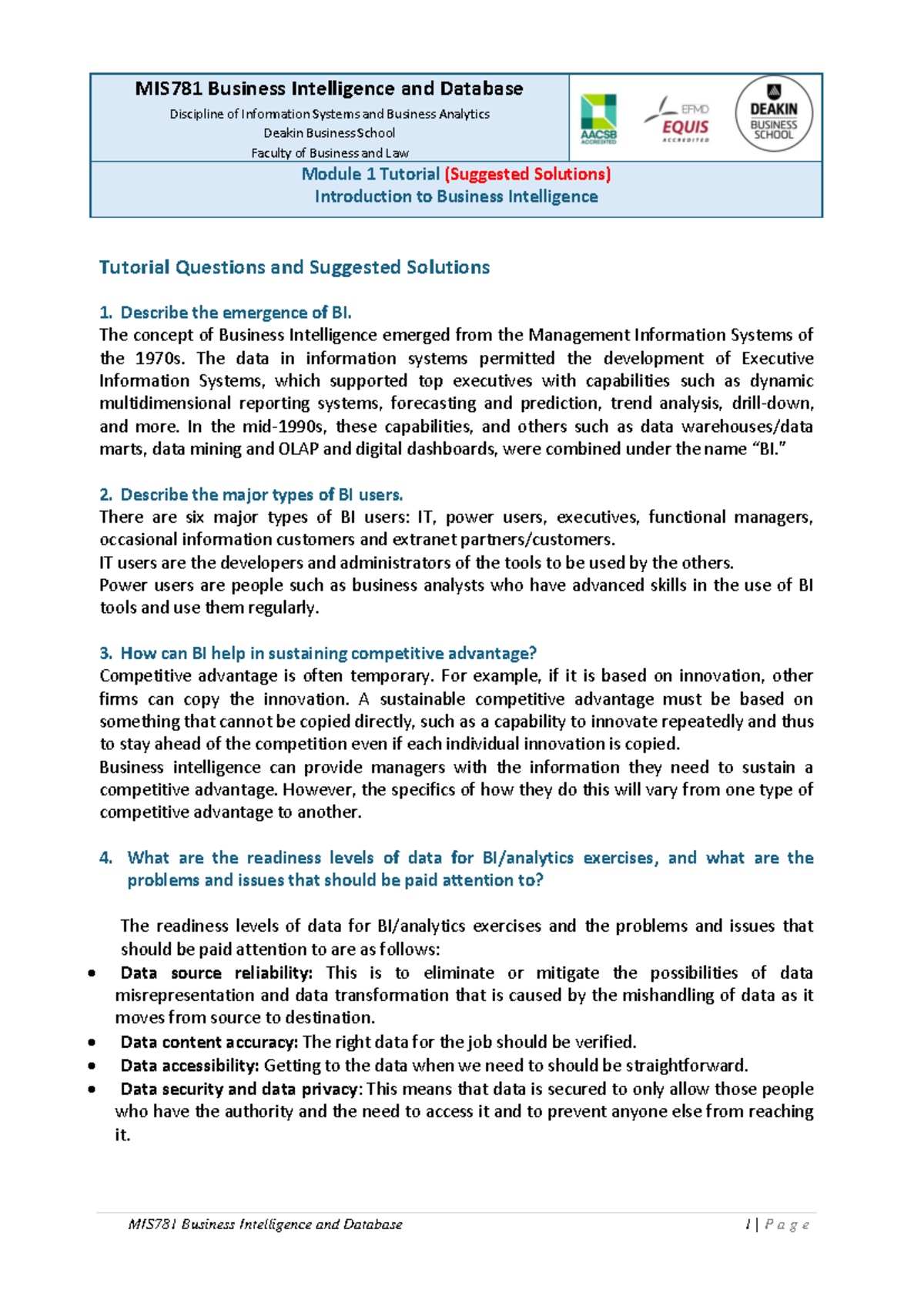 MIS781 Module 1 Tutorial Solutions: Business Intelligence Insights ...