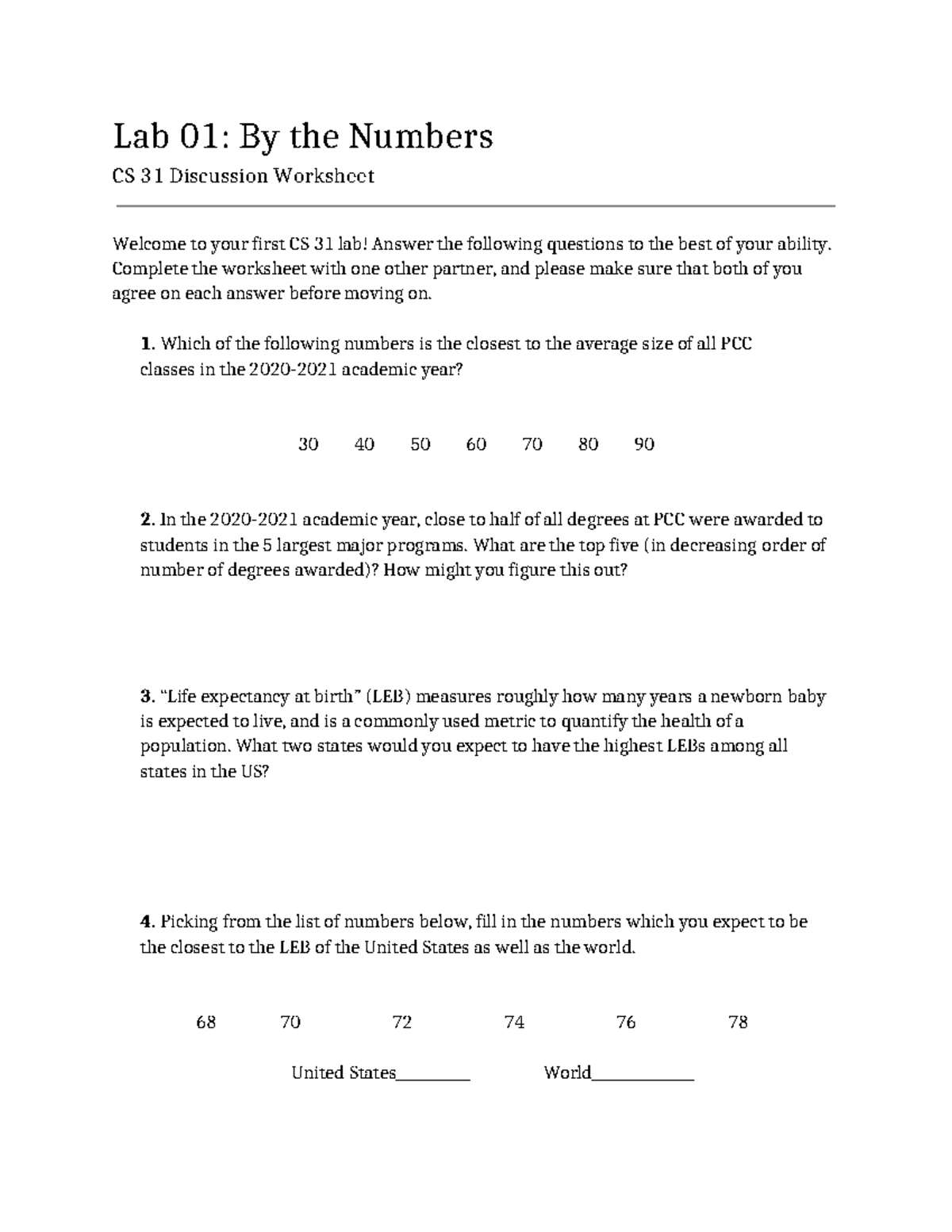 CS 31 Lab 01 Worksheet: Introductory Numbers Analysis - Studocu