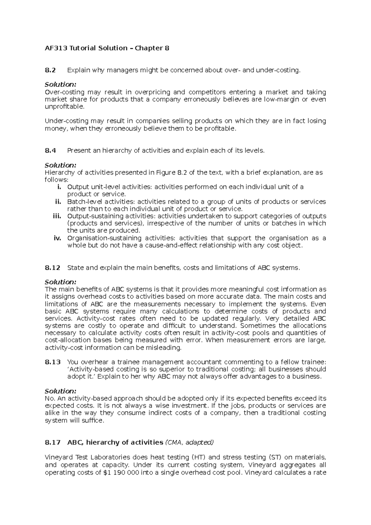AF313 Tutorial Solutions: Chapter 8 Analysis & Activity-Based Costing ...