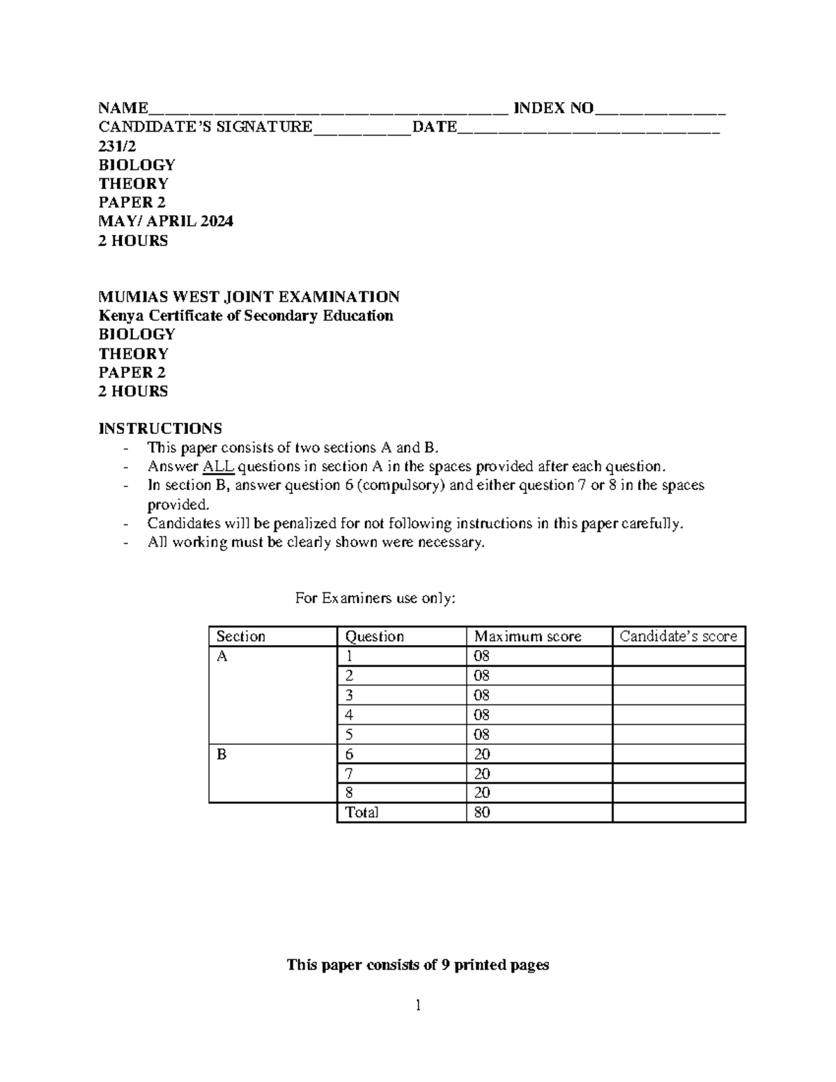 Biology Theory Paper 2 - KCSE Prep Notes & Questions (MME 2024) - Studocu