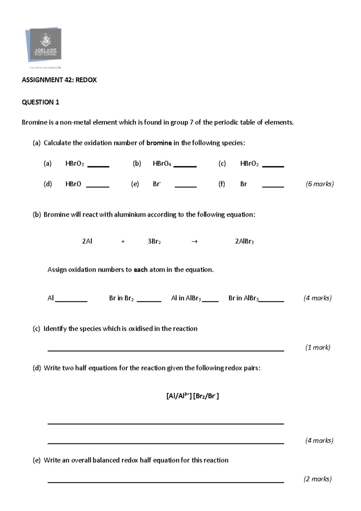 Redox Reactions - CHEMISTRY PRAC TEST (ASSIGNMENT 42) - Studocu