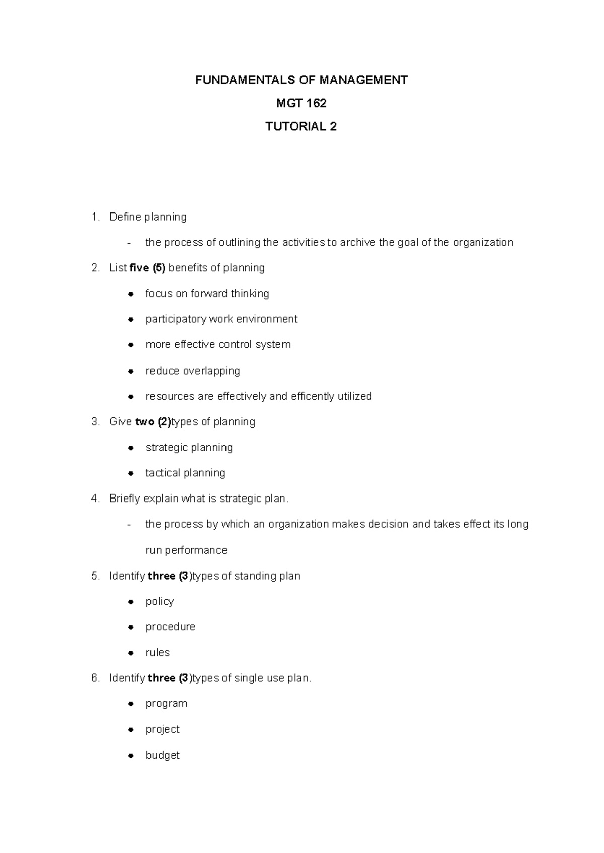 Tutorial 2 - FUNDAMENTALS OF MANAGEMENT MGT 162 TUTORIAL 2 Define ...