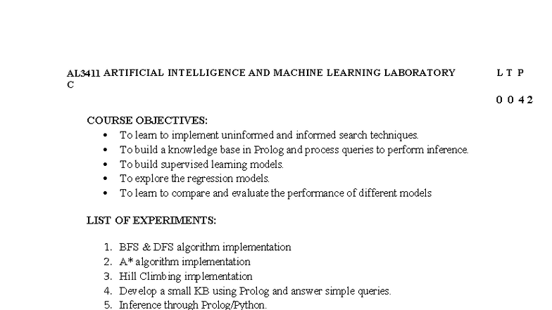 AL3411 AI & ML LAB Syllabus: Techniques & Experiments - Studocu
