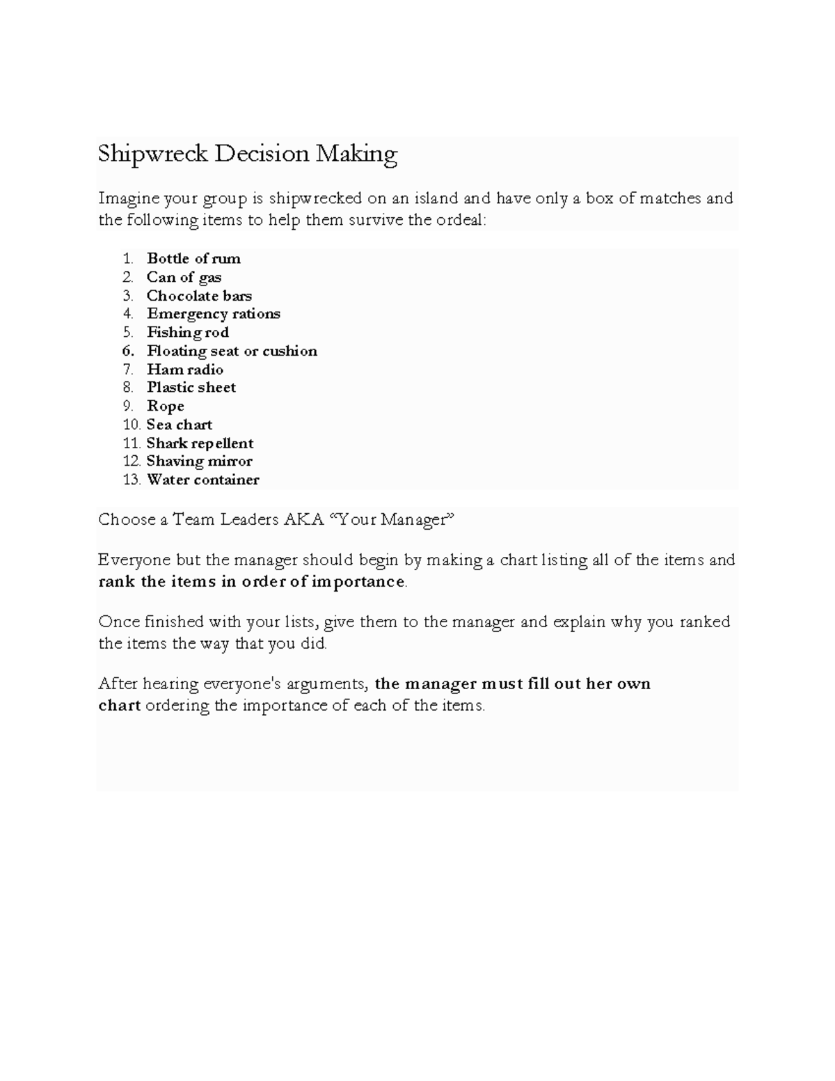 Shipwreck Survival Decision-Making Activity Guide - Studocu