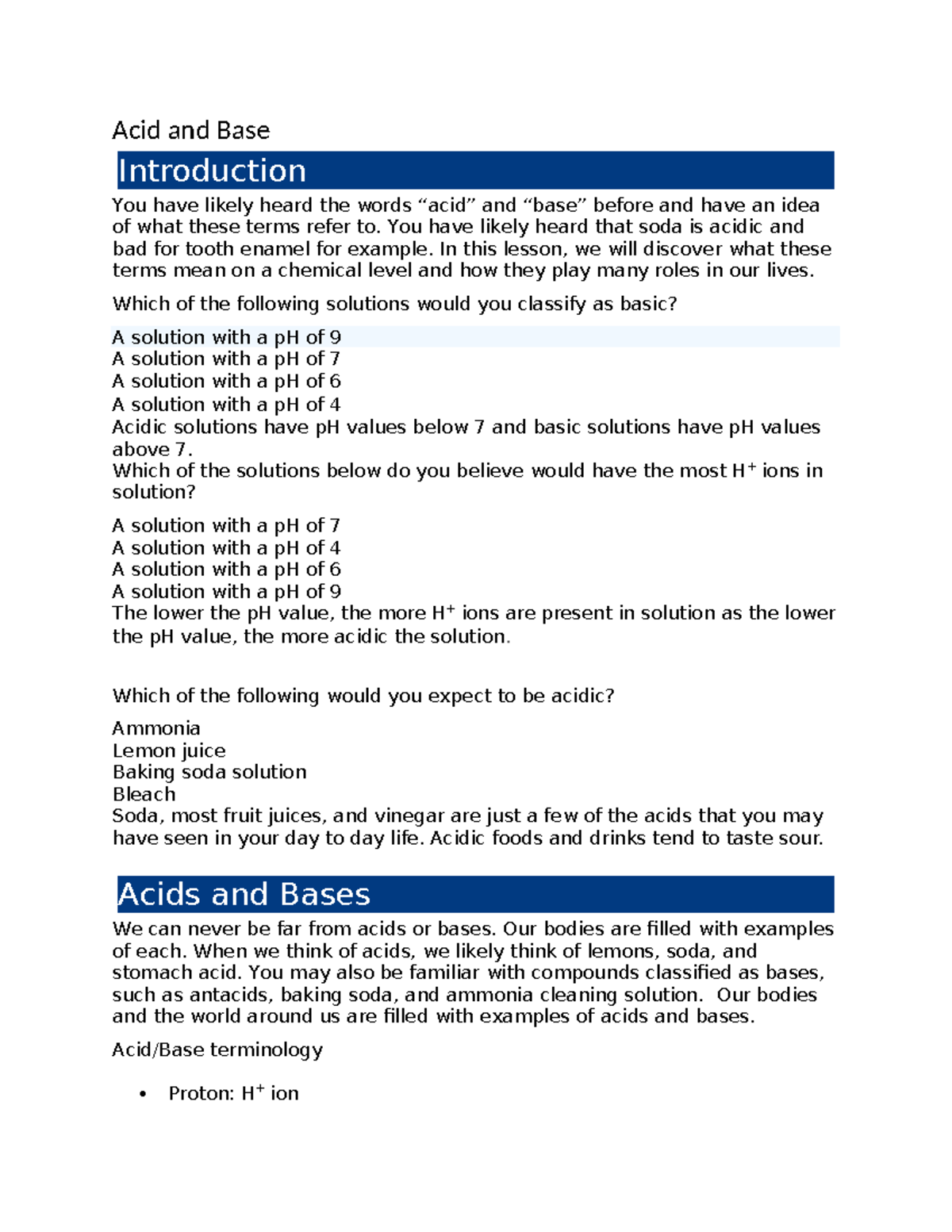 Acid and Base - Lecture Notes for Chemistry 101 - Studocu
