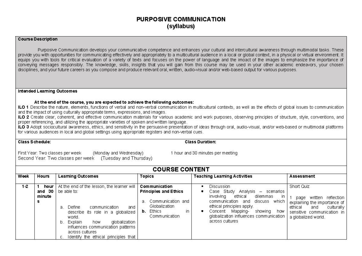 PURPOSIVE COMMUNICATION SYLLABUS: Course Overview & Learning Outcomes ...