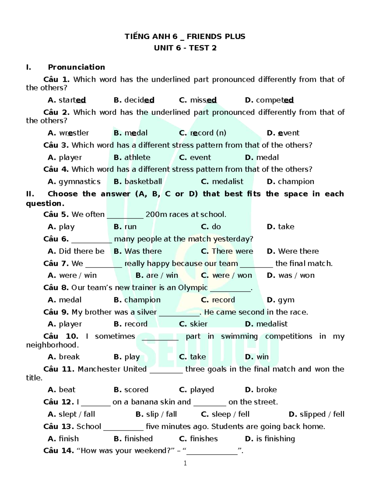 Tiếng Anh 6 _ Friends Plus - Unit 6 Test 2 Review - Studocu