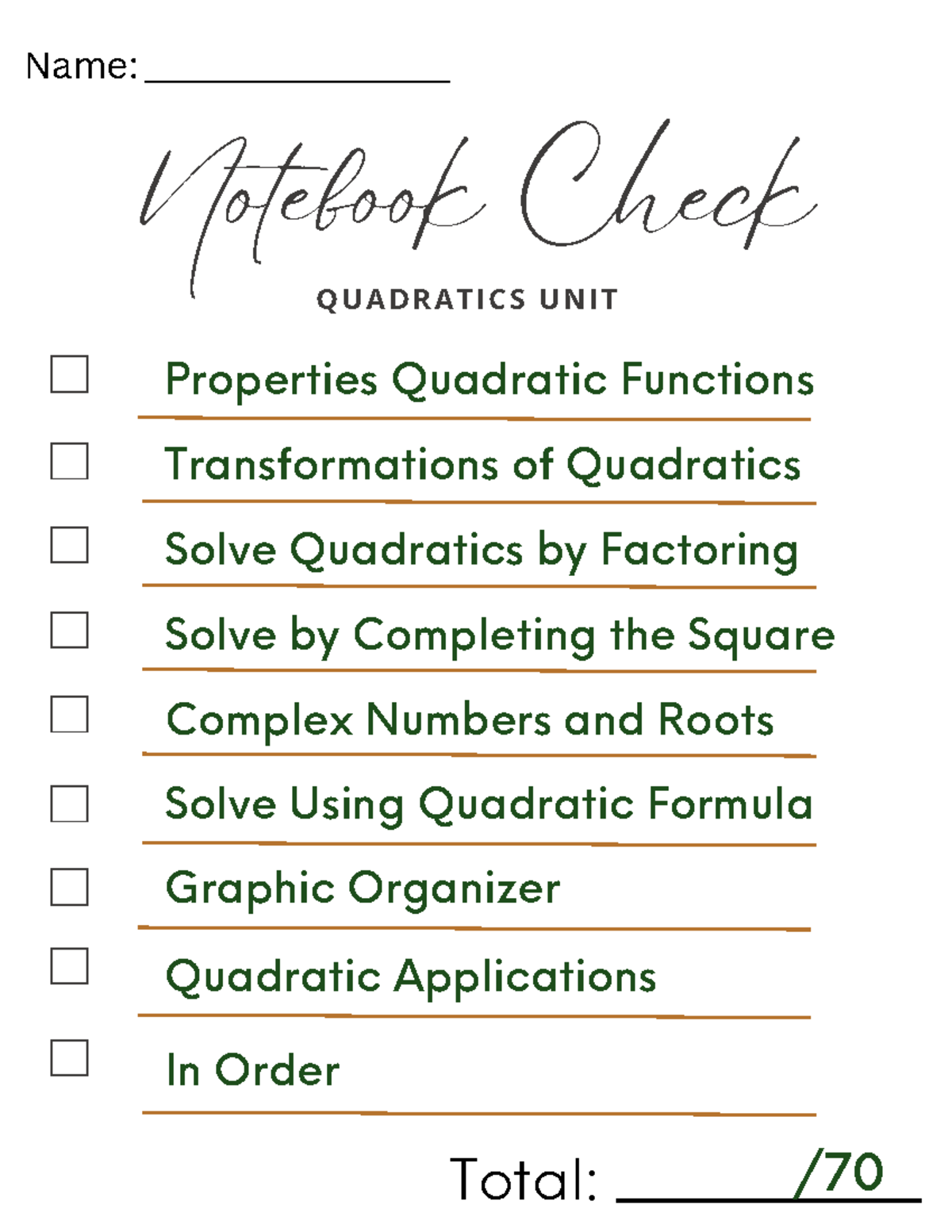 Quadratics Notebook Checklist - Math 245 - Notebook Check Q U A D R A T ...