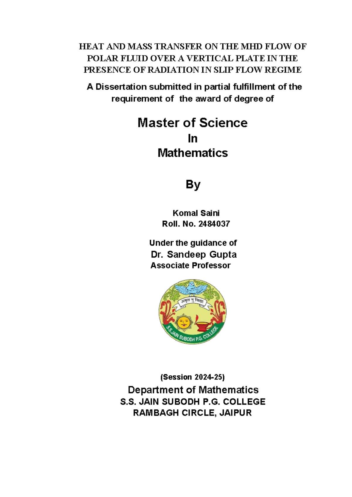 M.Sc. Dissertation: MHD Flow of Polar Fluid Over Vertical Plate - Studocu