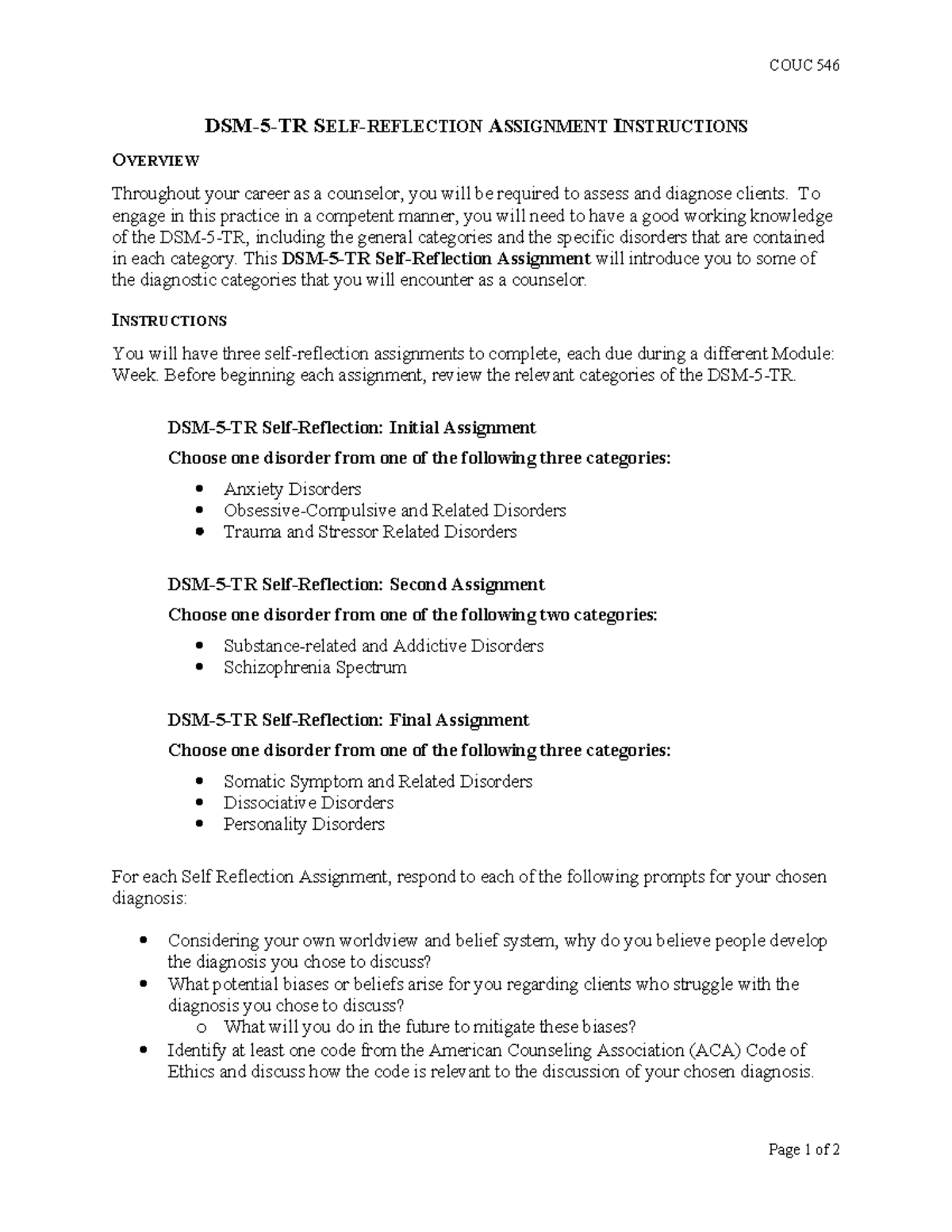 COUC 546 DSM-5-TR Self-Reflection Assignment Guidelines - Studocu