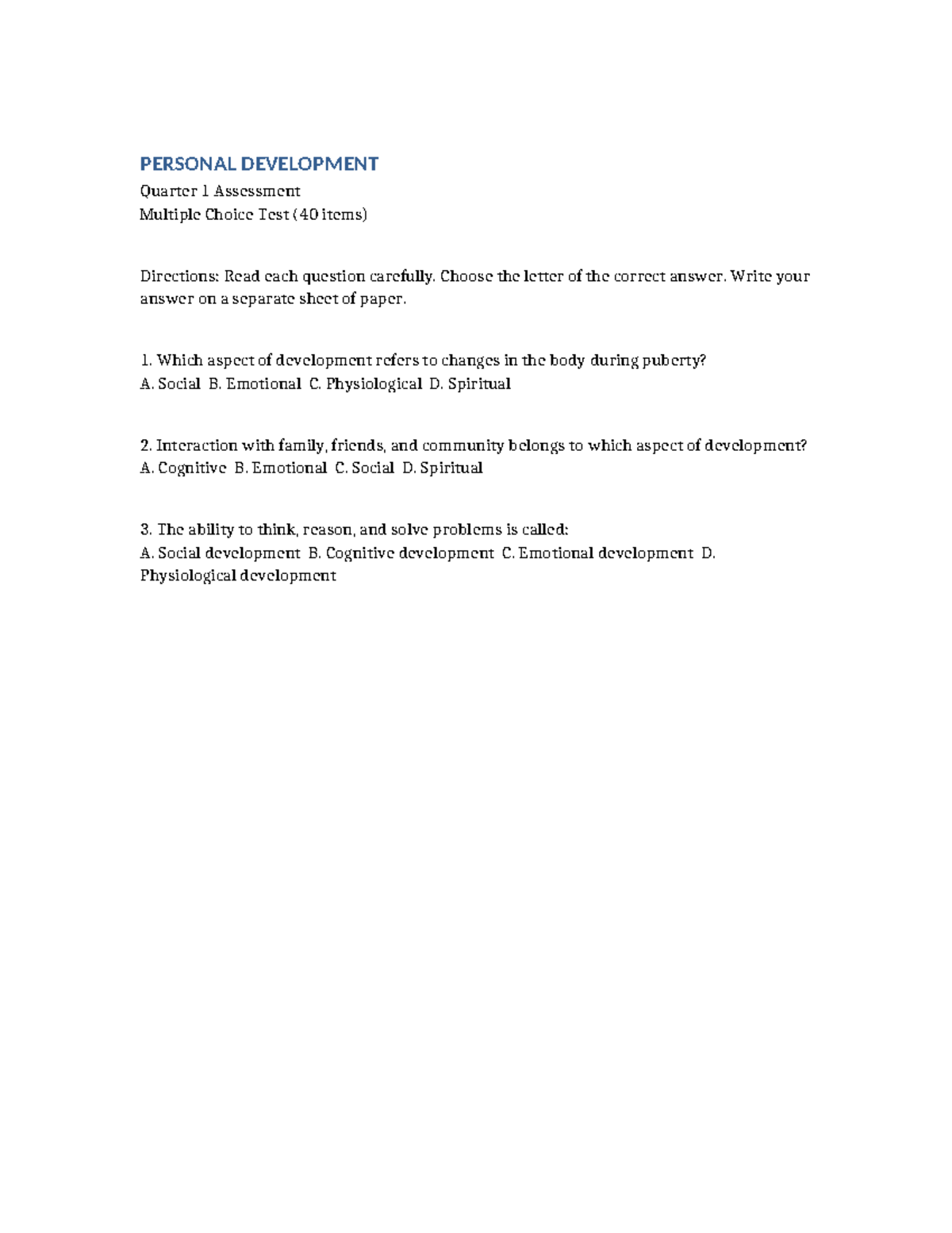 Personal Development Q1 Assessment: MC Test (40 Items) - Studocu