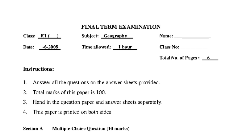 F.1 Geography Final Exam Answers (561290879) - Studocu